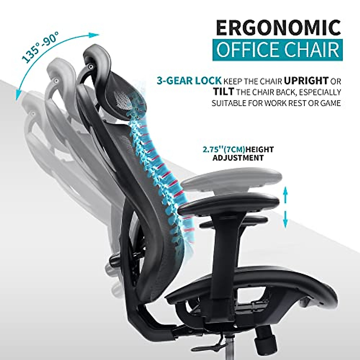 Mesh Office Chair, Ergonomic Office Chair with Adjustable Lumbar Support, Armrest, Headrest - Tilt High Back Desk Chair with Mute Wheel for Office, Home, Gaming