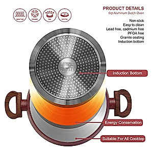 6 Quart Nonstick Dutch Oven with Lid, Stock Pot Nonstick Soup Pot Casserole Pot Granite Cooking Pot, Healthy Pasta Pot Red Sauce Pot with Wood grain Bakelite Handle, All Stove Compatible PFOA Free