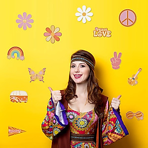 Colarr 60 Pieces Groovy Retro Hippie Boho Party Cutouts Decoration Retro Rainbow Butterfly Daisy Flower Cutouts Retro Bus Cutouts for Groovy Retro Hippie 60s 70s Party Decorations