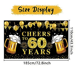 Large Cheers to 60 Years Banner Backdrop, Black Gold Happy 60th Birthday Decorations, 60 Anniversary Photo Background Poster Sign Party Supplies(72.8 x 43.3 inch)