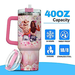 99OWL Tumbler 40 Oz With Handle Lid And Straw, Bestie No Matter Floral, Coffee From For Modern Handle Cups Women Funny Simple Butterfly Stainless Tumblers Rose