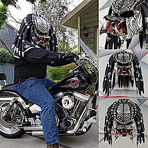 Predator Mask Motorcycle Headgear Predator Carbon Fiber Helmet with UV Protection Lens LED Light Hair Braid Breathable Cosplay Costume Tracker Latex,XL:61-62CM