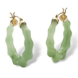 PalmBeach 14K Yellow Gold Round Genuine Green Jade Bamboo Style Hoop Earrings (30mm)