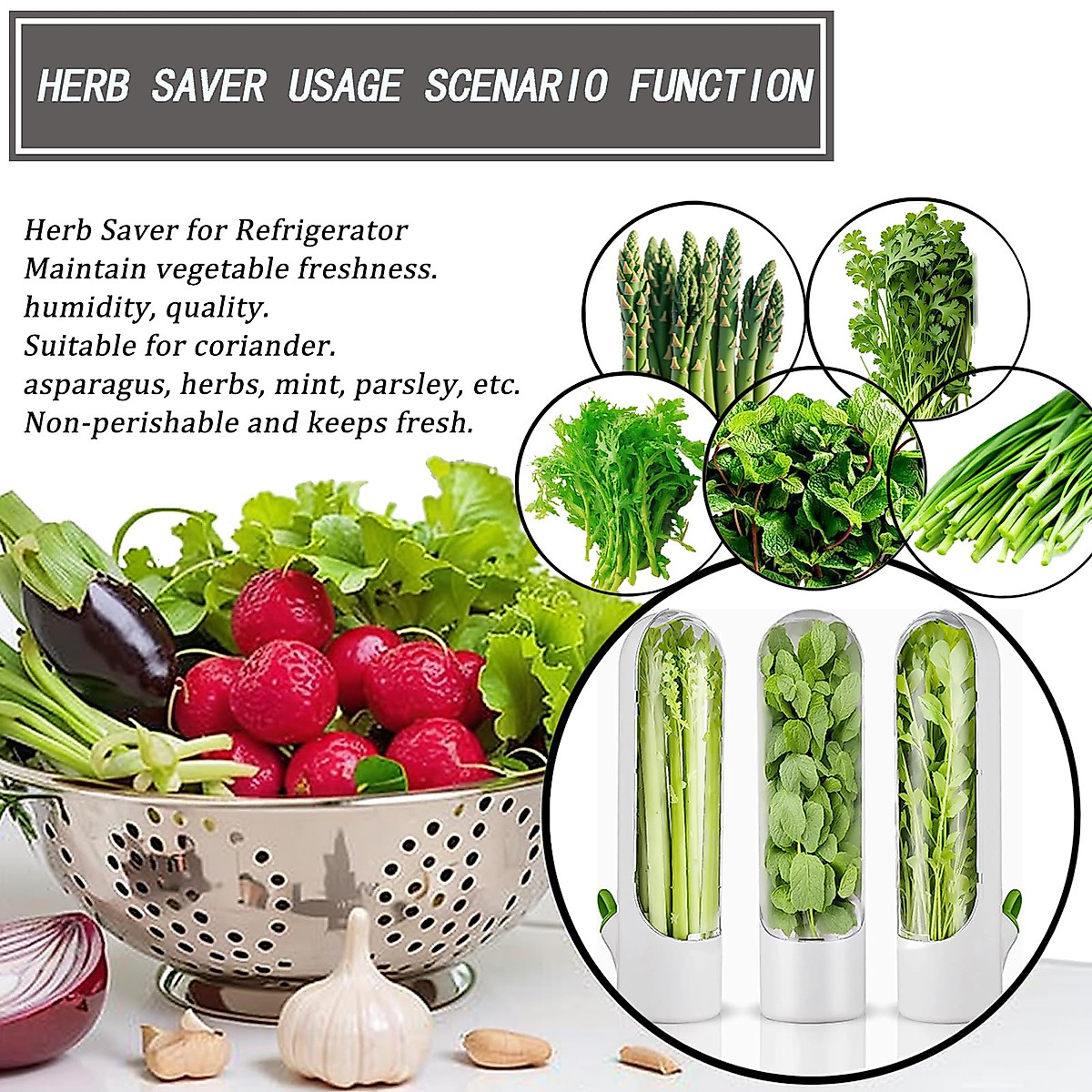 Herb Saver, Herb Keeper for Refrigerator, Cilantro Containers for Refrigerator, Herb Saver Pod, Fresh Herb Keeper for Cilantro, Parsley, Asparagus, Keeps Vegetables for 2-3 Weeks (3PCS Herb Saver)