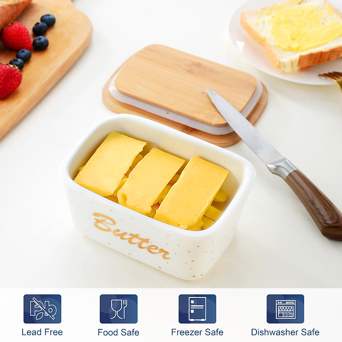 LOVECASA Butter Dish with Lid for Countertop, Porcelain Butter Keeper Holds up to 2 Sticks, Airtight Covered Butter Holder Container Perfect for Farmhouse Kitchen Decor Gift(Gold)