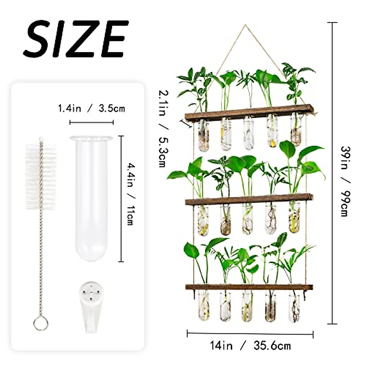 Monsiter QE 3 Tier Large Propagation Stations Wall Hanging Plant Terrarium with Wooden Stand, Retro Propagation Test Tube for Hydroponic Plants Cutting Flower, Propagator Home Office Patio Decor-Brown