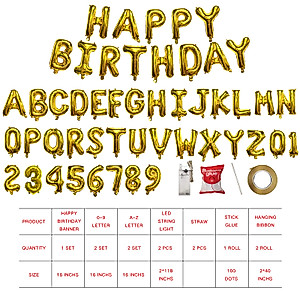 Personalized Name Happy Birthday Balloons Letters Kit, DIY Custom Name Birthday Banner, 2 Sets A- Z & 0-9 16'' Letters and Numbers with 2 LED Light for Birthday Party Decorations Gold