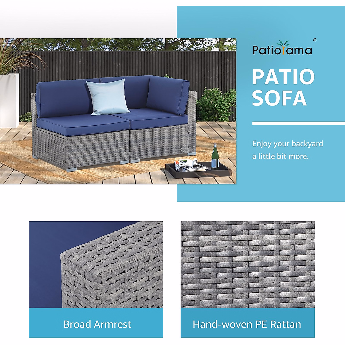 Patiorama 2-Piece Patio Furniture Set, Outdoor Sectional Sofa, All-Weather Grey PE Wicker Rattan Conversation Set,Outdoor Couch Loveseat,Patio Seating for Porch Balcony Garden Pool(Navy Blue Cushion)