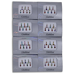 Globliss 6 Packs with 42 Long Indian Bindis face Gems Forehead Sticker Silver Golden Colorful