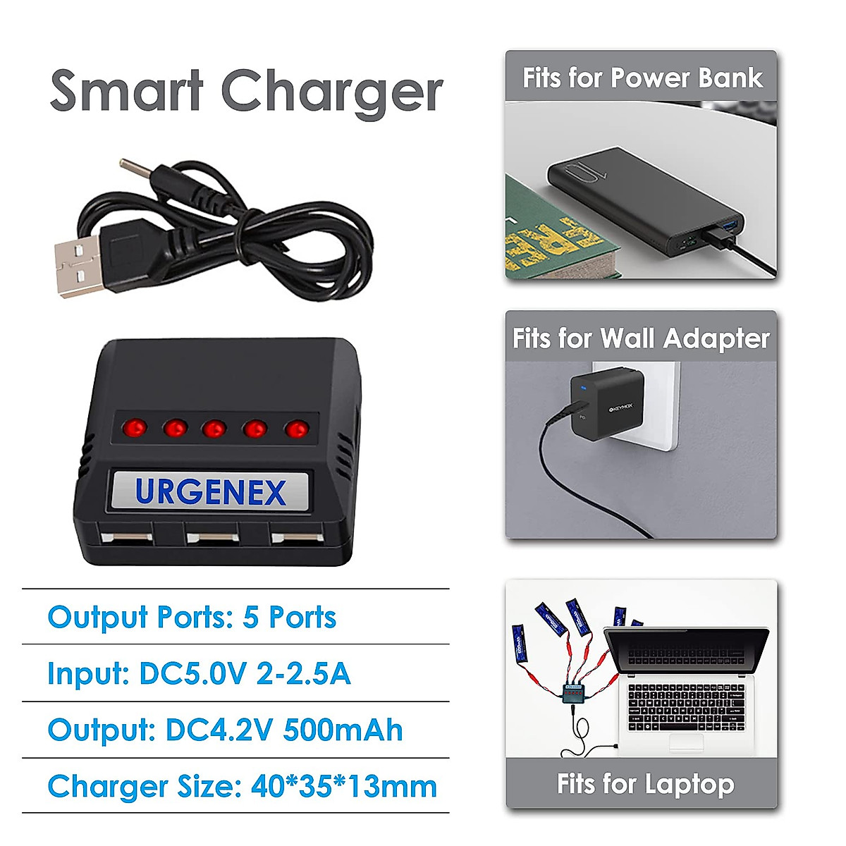 URGENEX 3.7v Lipo Battery 600mAh with JST Plug 1S Li-Po Battery with X5 Battery Charger for UDI U817 U817A V959 V222 V929 RC Drone Quadcopter 5PCS Aircraft Batteries