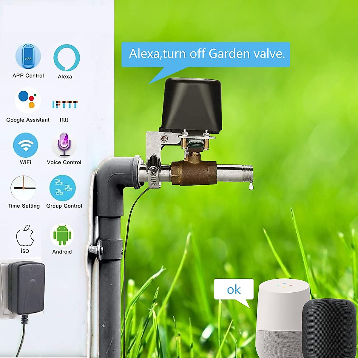 Yasorn Smart Wifi Water Valve, Water/Gas Shut Off Valve Voice Control Timing Controller Compatible with Alexa Google Assistant Automatic Valve work with iOS/Android