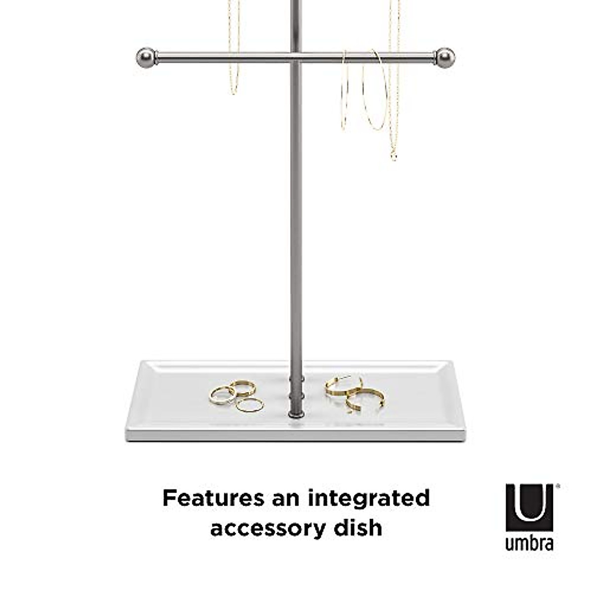 Umbra Trigem Hanging Jewelry Organizer Tiered Tabletop Free Standing Necklace Holder Display, 3, White/Nickel