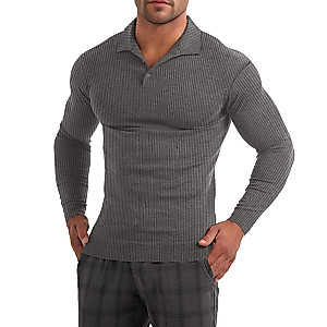 Muscle Cmdr Men's Slim Fit Muscle Polo Shirts Long&Short Sleeve Stretch Quick Dry Tee Casual Golf Athletic T-Shirts (Grey S)