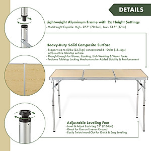 ARROWHEAD OUTDOOR 4’ ft Heavy-Duty Portable Aluminum Frame Folding Table w/Leveling Feet, Solid Tabletop Surface, 2 Adjustable Heights, Carrying Case Included, Lightweight, USA-Based Support