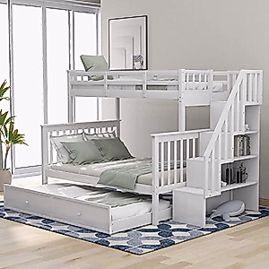 STP-Y Solid Wood Bunk Bed Frame No Box Spring Needed with Guardrails, Ladder and Storage Stairs for and Teens Platform, Twin Over Full, Gray (Color : White with Trundle, Size : Twin Over Full)