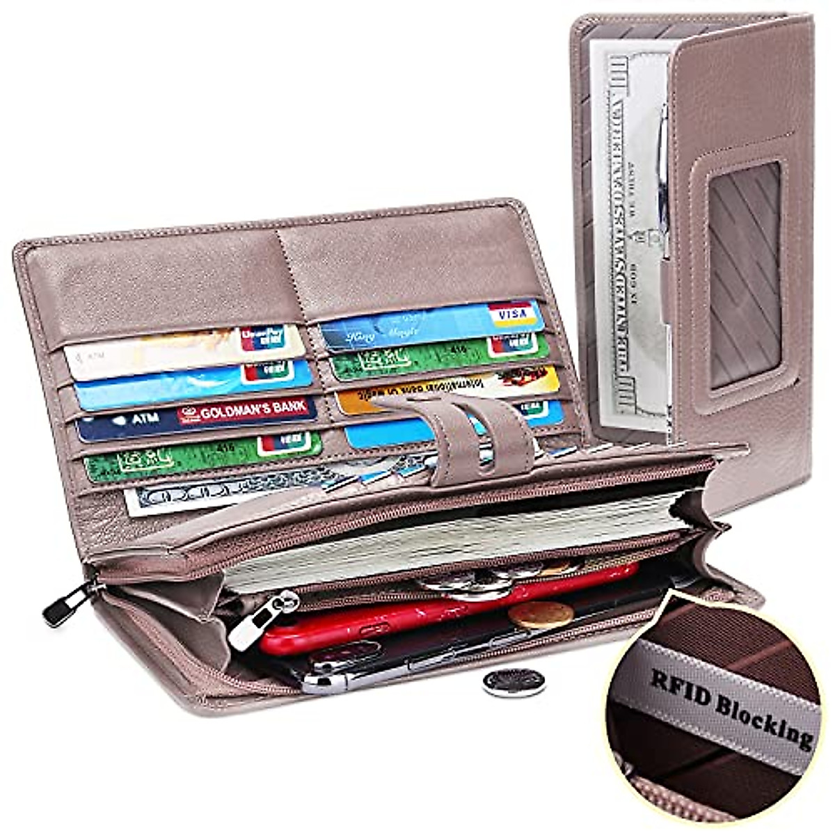 YALUXE Women's Genuine Leather Wallet RFID Blocking Multi Card Holder with Cell Phone Pocket Mothers Day Gifts