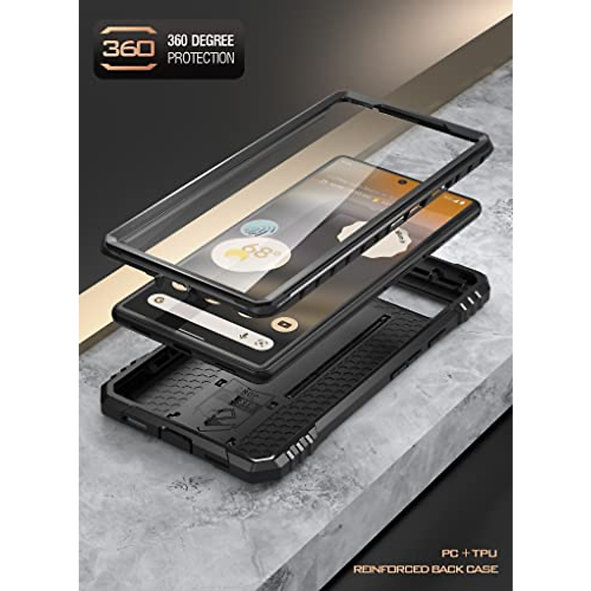 Poetic Revolution Series Case Compatible with Pixel 6A 5G, Built-in Screen Protector Work with Fingerprint ID, Full Body Rugged Shockproof Protective Cover Case with Kickstand, Black