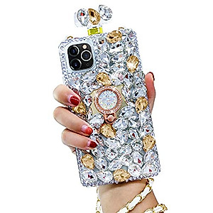 Losin Perfume Bottle Case Compatible with iPhone 12 Pro Max 6.7 inch Case Luxury Bling Diamond Gemstone Perfume Bottle 3D Bling Rhinestones Ring Holder Stand Bracket Soft TPU Case