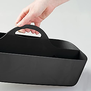 mDesign Large Plastic Divided Office Storage Organizer Caddy Tote with Handle for Cabinet, Desk, Workspace - Holds Desktop Supplies, Pens, Pencils, Markers, Staplers - Lumiere Collection - Black