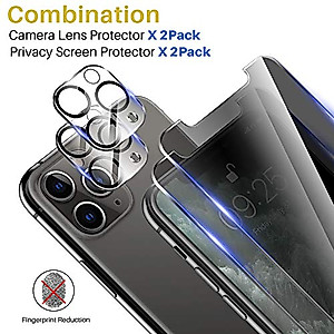 LK 2 Pack for iPhone 11 Pro Max Screen Protector + 2 Pack Camera Lens Protector, [Anti-Spy] Bubble Free, HD-Clear Privacy Tempered Glass for iPhone 11 Pro Max, 9H Hardness, Case Friendly