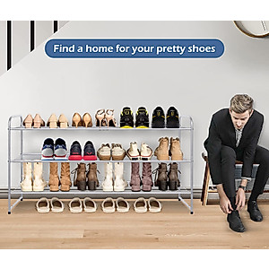 KEETDY 3-Tier Long Shoe Rack for Closet Metal Shoe Organizer for Entryway, Wide Stackable Shoe Storage Shelf with Sturdy Wire Grid for Closet Floor, Bedroom, Grey…