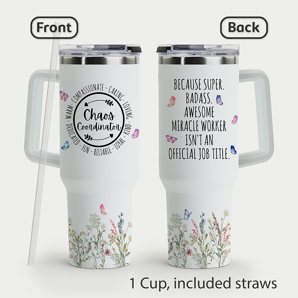 Chaos Coordinator Gifts - Birthday Gifts for Women - Thank You Gifts for Teacher - Christmas Gifts for Women, Mom, Coworker, Manager, Teacher, Boss - Stainless Steel Tumbler with Handle and Straw 40oz