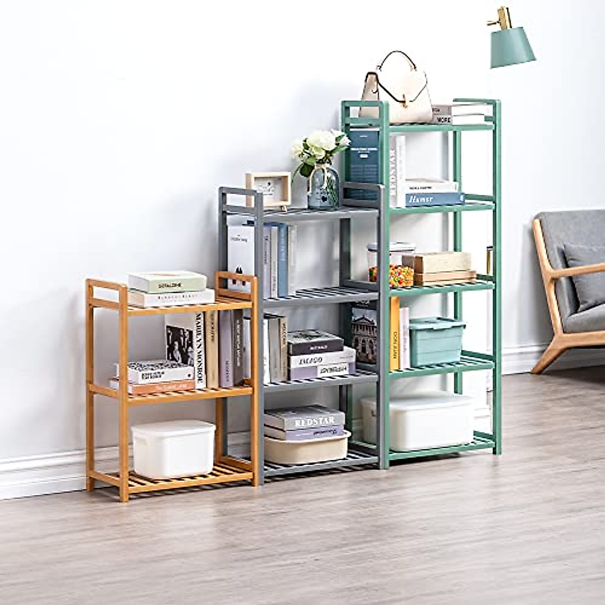 IOTXY Adjustable Multifunctional Shelving Unit - Small 4-Tier Bamboo Freestanding Shelf, Bathroom Towel Storage Shelves, Kitchen Organizer, Living Room Open Bookshelf, Entryway Shoe Rack, Light Green