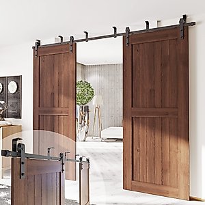 Homacer Black Rustic Ceiling Mount Non-Bypass Sliding Barn Door Hardware Kit, for Two/Double Doors, 10ft Long Flat Track, Interior Use Only (Doors are not Included)