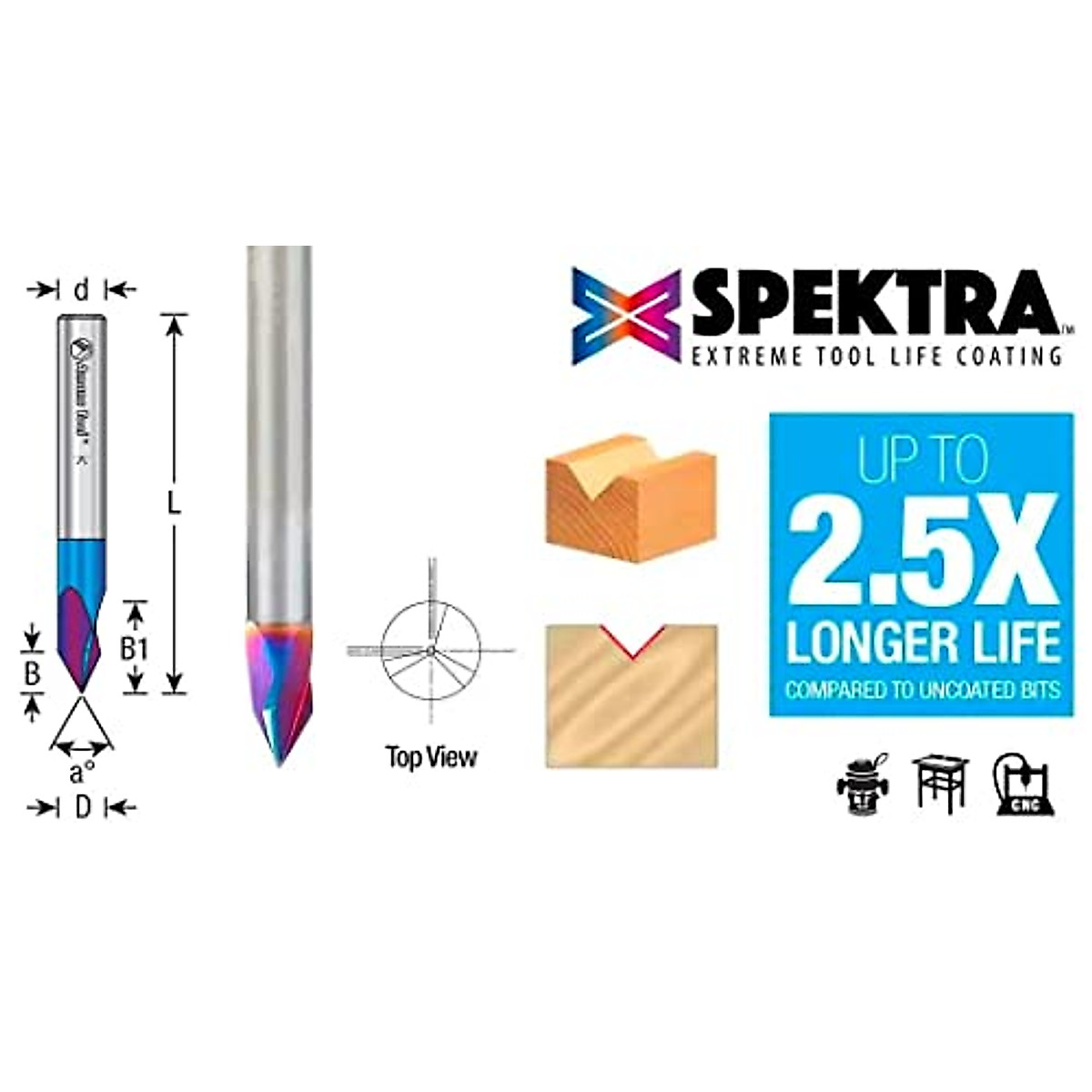 Amana Tool 45624-K SC Spektra Extreme Tool Life Coated V-Groove 60 Deg x 1/4 D x 31/64 CH x 1/4 Inch SHK 3-Flute Router Bit