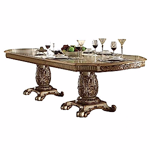 ACME Vendome Dining Table w/Double Pedestal - - Gold Patina & Bone