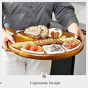 Shanik Upgraded Cheese Cutting Board Set, Acacia Wood Charcuterie Board Set, Cheese Serving Platter, Cheese Board and Utensil Set, 3 Knives, Ceramic Bowls - Gift for Any Occasion