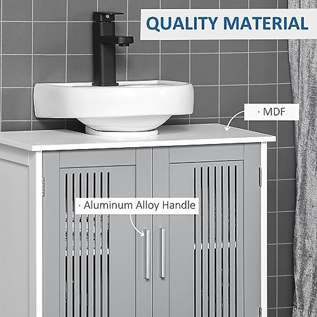 kleankin Modern Under Sink Cabinet with 2 Doors, Pedestal Under Sink Bathroom Cupboard, Bathroom Vanity Cabinet with Adjustable Shelves, Gray and White