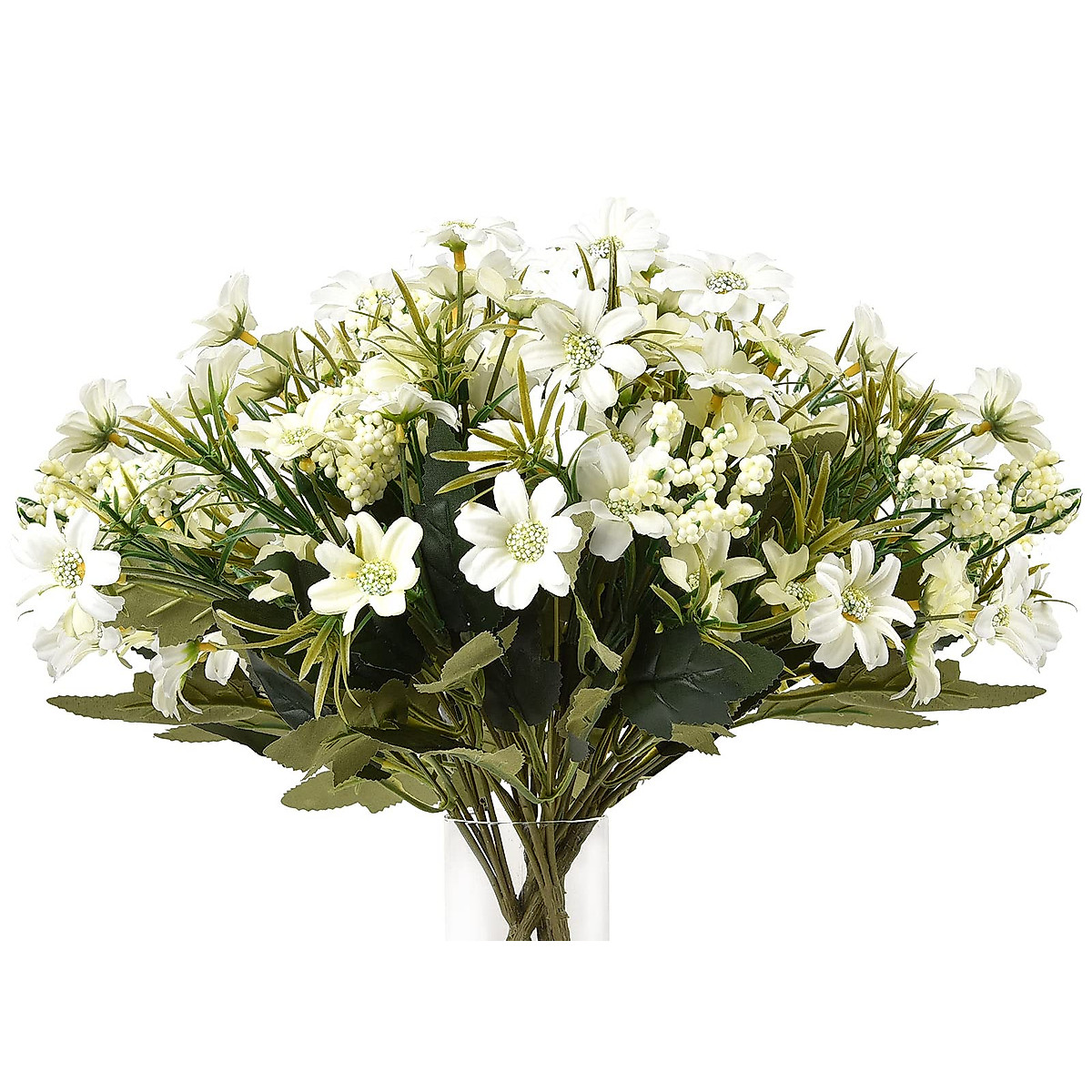 Wofair 6 Packs 14 Inch Artificial Daisy Flowers Bouquet, Fake Silk Flowers with Plastic Stem Leaves UV Resistance, Fake Greenery Plants Shrubs Bushes for Home Office Store Garden Decor (White)