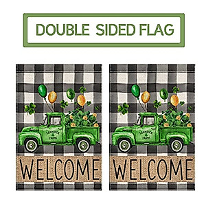 Welcome ST Patricks Day Garden Flag 12x18 Double Sided Truck Shamrocks Buffalo Plaid Seasonal Hoilday Farmhouse Yard Outside Décor