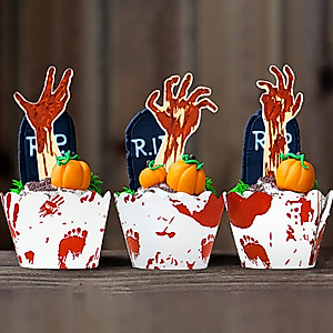 72PCS Halloween Cupcake Toppers Supplies 36 PCS Zombie Hand Tombstone Cupcake Toppers And 36 PCS Horror Red Handprint Cupcake Wrapper For Halloween Party Zombie Theme Party