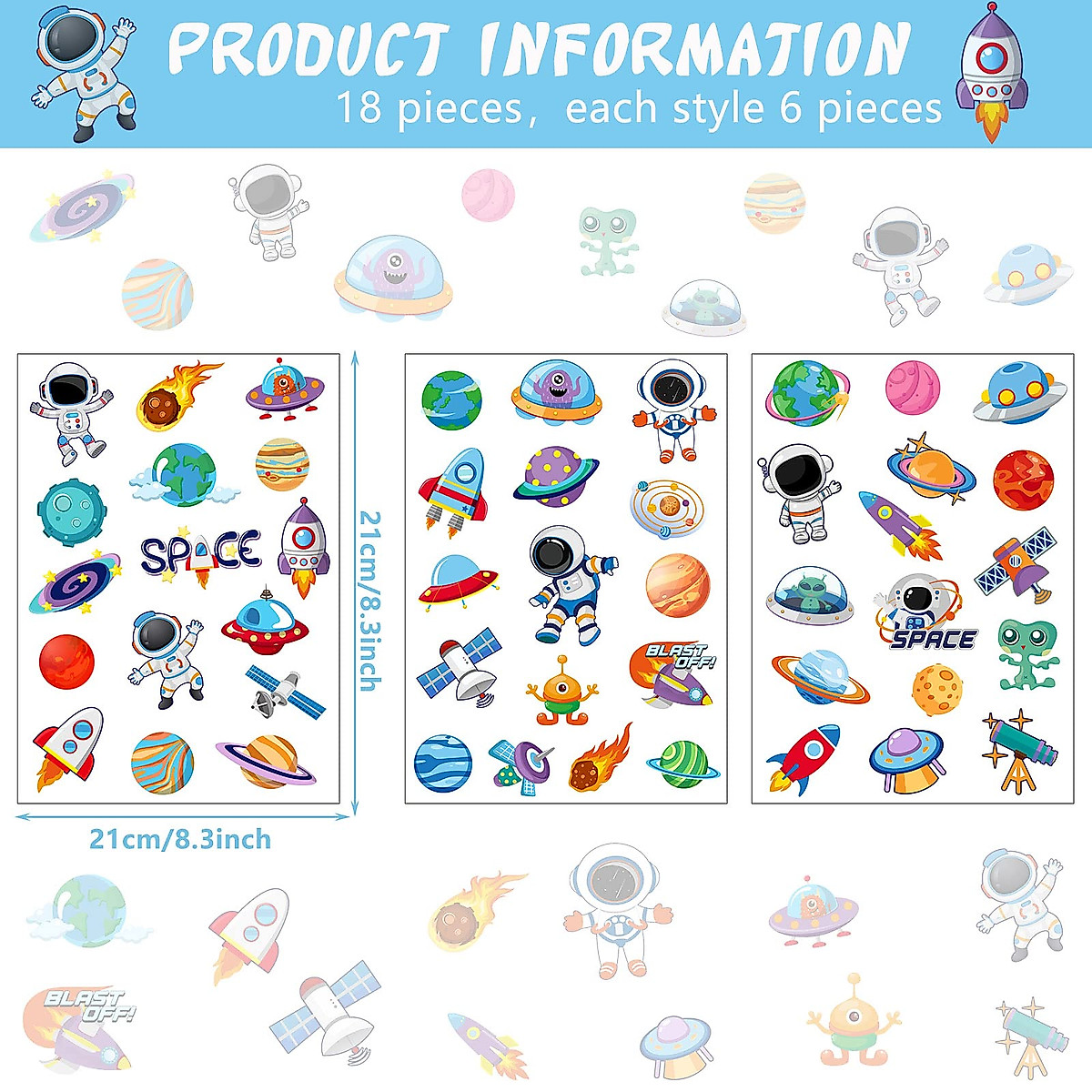 Maitys 288 Pcs Space Themed Party Temporary Tattoos Include Alien Planet Rocket ship Tattoos Stickers for Kids Astronaut Favors Goodie Bag Stuffers Space Themed Birthday Supplies 48 Styles