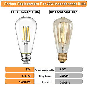 WTL Vintage Edison Light Bulb 6W(60 Watt Equivalent) 2700K Soft White,Dimmable,ST19（ST58） LED Filament Bulb,Clear Glass Light Bulb E26 Medium Base,600LM(6 Pack)