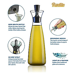 Purelite No Funnel Needed Olive Oil & Vinegar Dispenser Glass Cruet Bottle for Kitchen | Silicone Cap Keeps Oil Fresh Longer | 17 ounce cruet (Clear)
