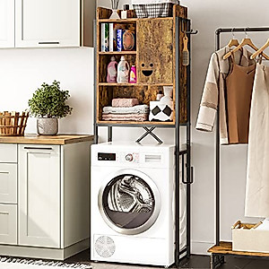 MASHOOPS Over The Toilet Storage Cabinet, Bathroom Organizer Over Toilet, Multifunctional Freestanding Space Saver Cabinets with Adjustable Shelf Paper Hook with Smiling-Door, Rustic Brown