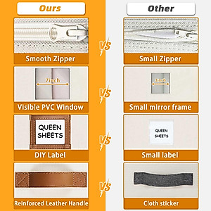 GhvyenntteS Bed Sheet Organizers and Storage 4 Pack (Queen & King Size), Foldable Sheet Organizers and Storage with Window and Label, Bed Sheet Organizer with Leather Handle, Beige