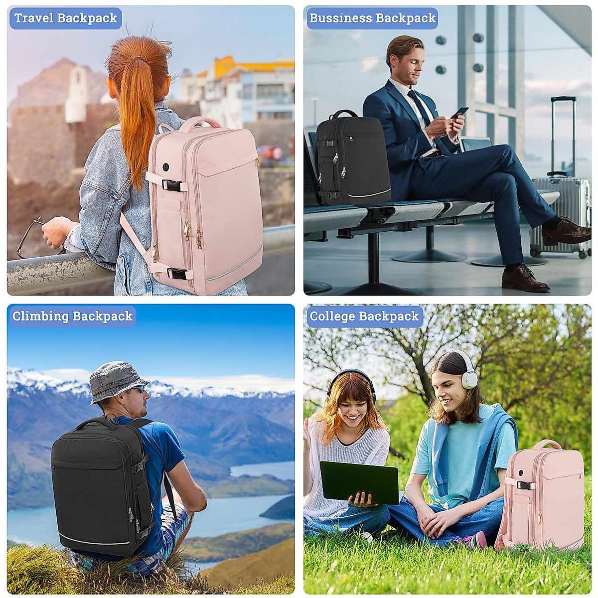 Sinaliy Personal Item Backpack, 40L Large Travel Backpack for Women Men, Waterproof Carry on Backpack for College, Business, Work