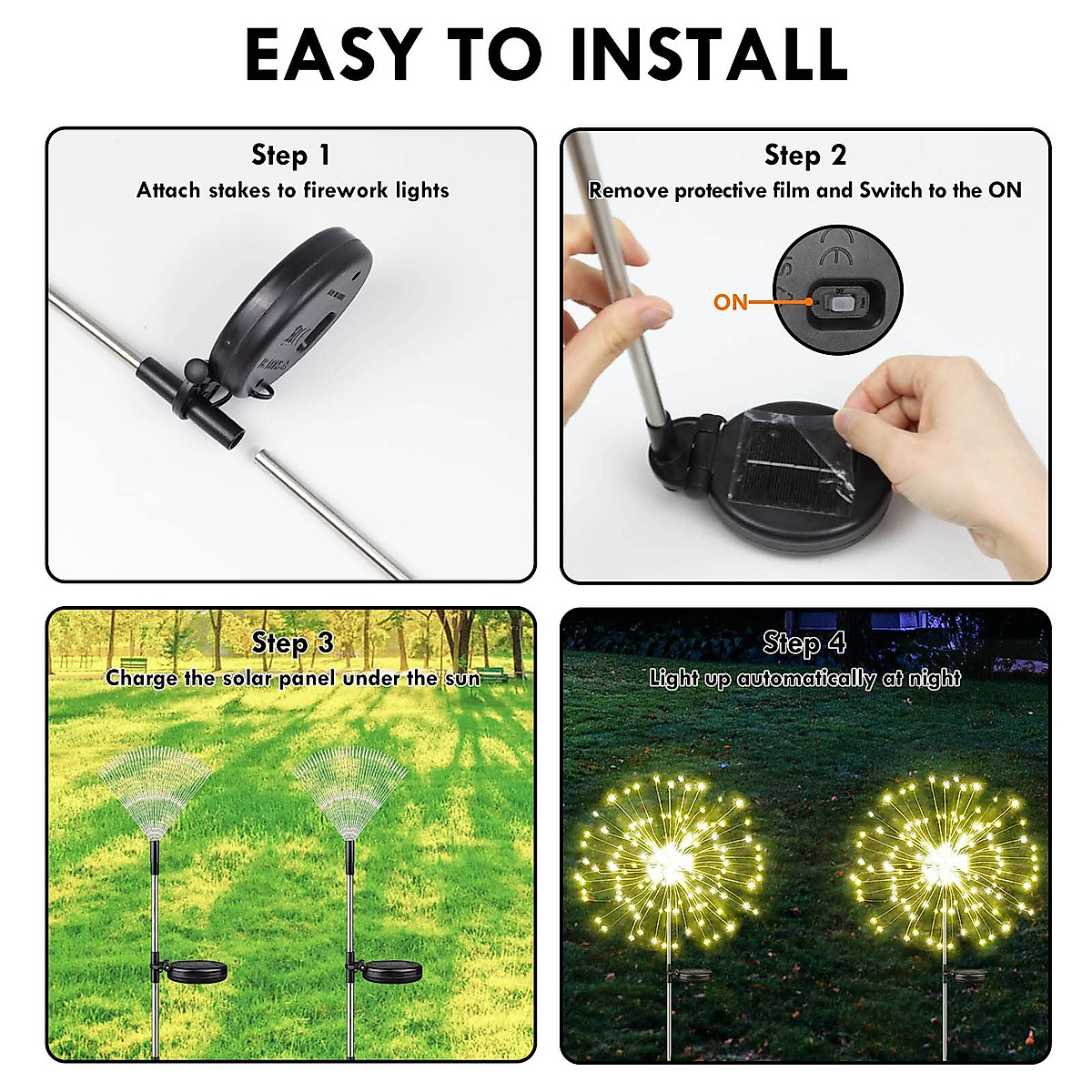 4-Pack Solar Outdoor Lights for Garden Decorations, 360 LED Solar Firework Lights with 2 Lighting Modes, Solar Christmas Lights Waterproof for Outside Pathway Patio Yard Xmas Decorations(Warm White)