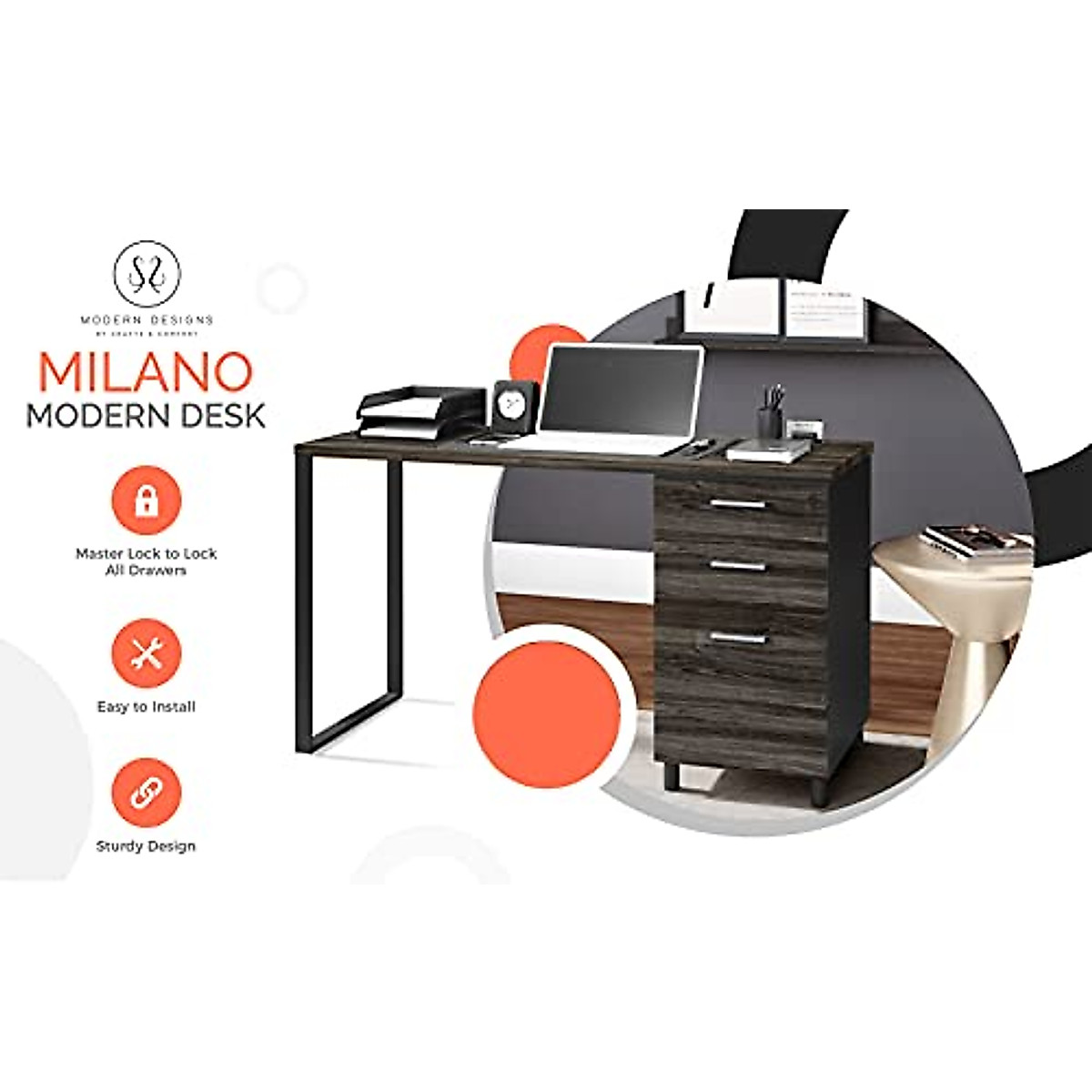Modern Design Milano Office Computer Desk with 3 Locking Drawers, 48 Inch Grey and Black Wood Desk with Filing Drawer and Storage by Crafts and Comfort