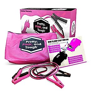 Pretty Pink and Tough Deluxe Jumper Cable Set - Pink Jumper Cables for Teen Girls and Women - 12-ft, Pink and Black Carry Pouch, Instruction Card,
