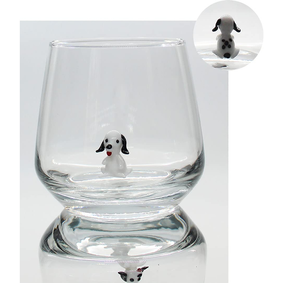 HeguSun Drinking Glass With Figurine Inside, Handmade Murano Glass Figures inside Stemless Glass for Wine, Cold Drinks and Beverages, 12 oz (Dalmatian)