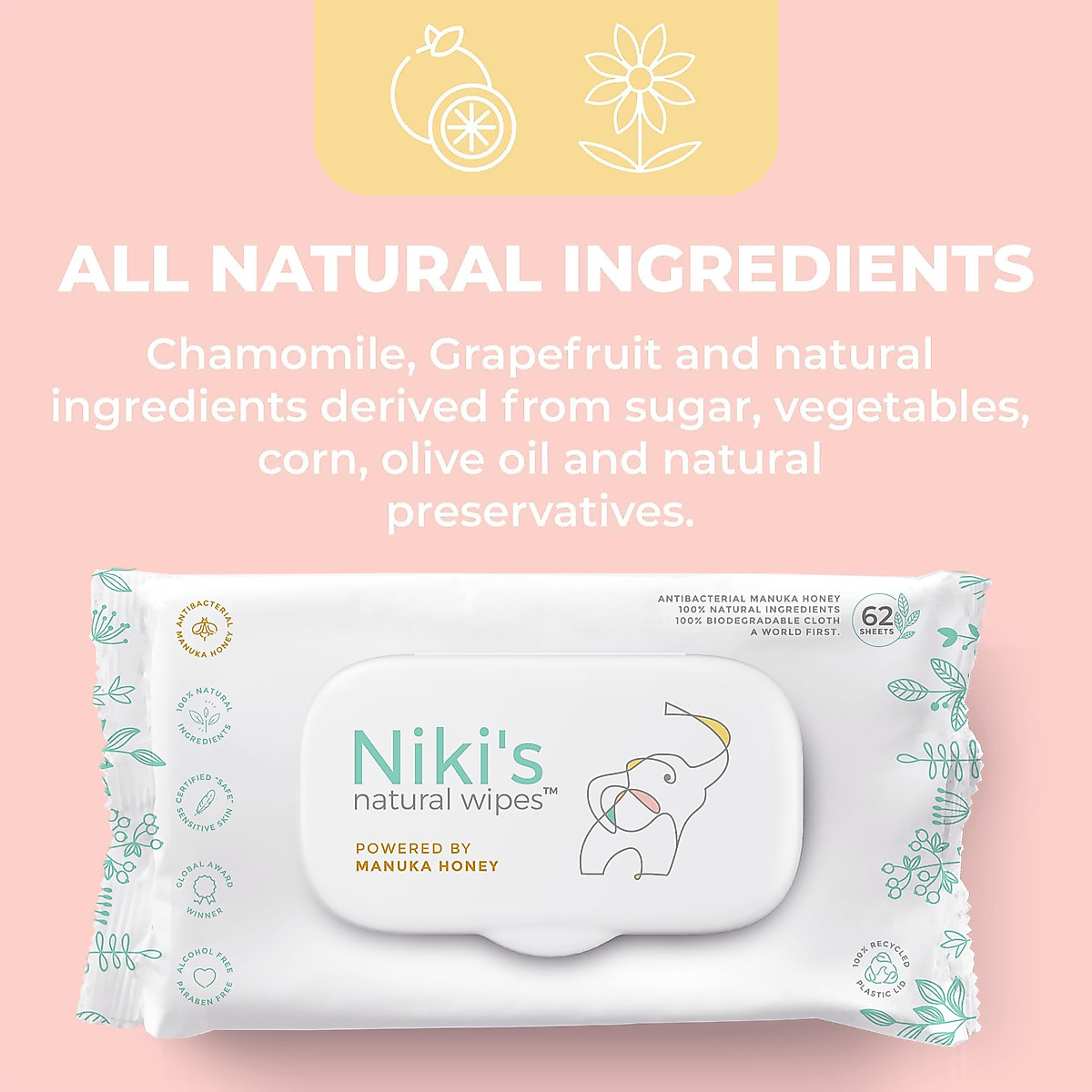 Niki's Natural Baby Wipes | Sensitive Organic Baby Wipes | Made with Manuka Honey and Coconut Oil, No Added Scents | EWG Verified | 248 Wipes (4 Pack x 62 Count Wipes)