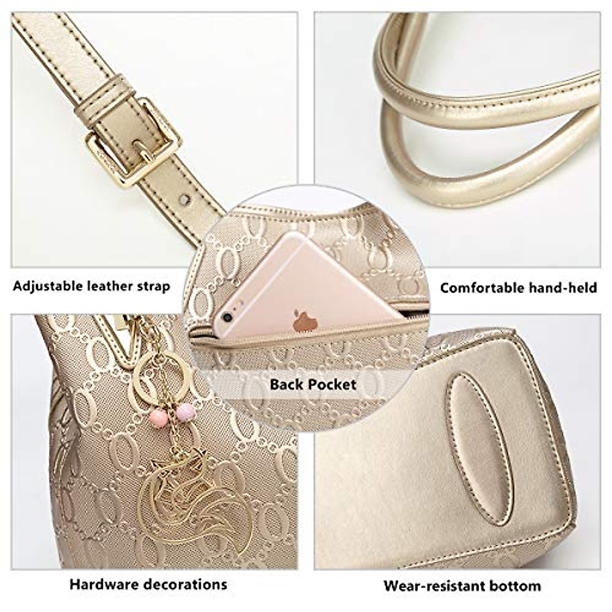FOXER Leather Handbags for Women, Cow Leather Lock Chain Pattern Ladies Top Handle Bag with Adjustable Shoulder Strap Women's Designer Tote Bag Womens Real Leather Crossbody Purses and Handbags (Gold)