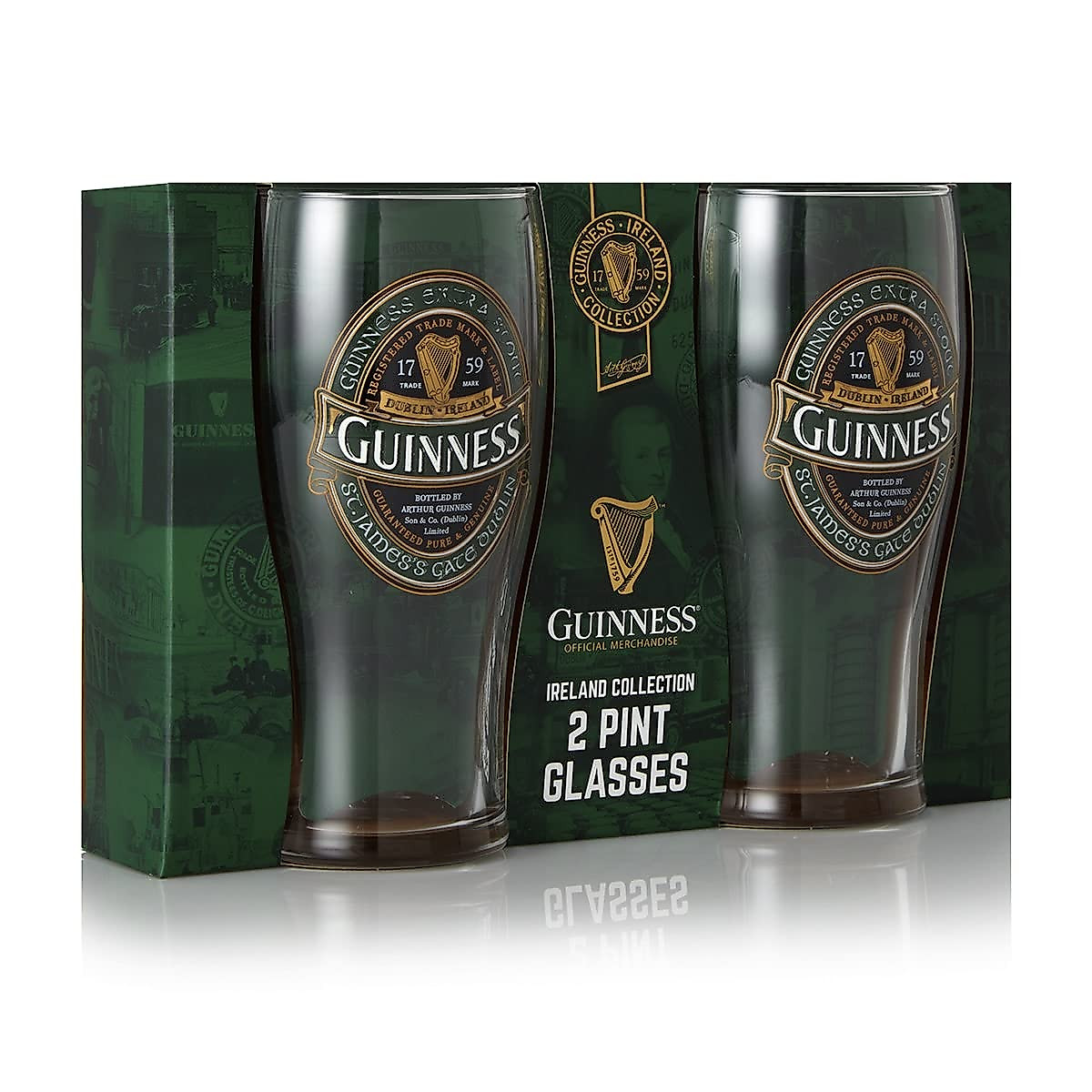 Guinness Stout Beer Glass Green Ireland Collection Twin Pack | Official Merchandise Pint Glasses Set of 2 | Perfect Irish gifts for Beer Lovers