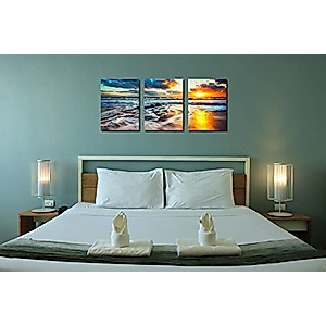 Canvas Wall Art Beach Sunset Ocean Waves Nature Pictures HD Prints 3 Pieces Stretched Canvas Wooden Framed Artwork for living Room Bedroom and Office living Room Wall Decor Size:12"x16"x3