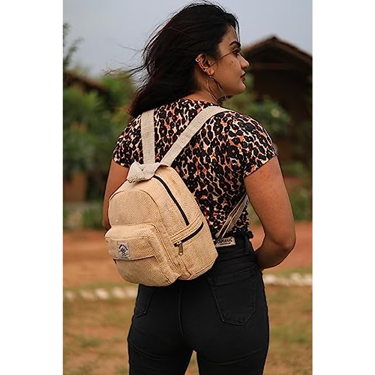 ECOBAWA Hemp Mini Backpack for women Adjustable shoulder strap Mini Bag Washable Lightweight Casual Daypack (Beige)